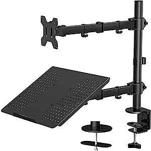 HUANUO Laptop Monitor Mount with Tray for 13- 27 inch, Fully Adjustable Laptop Notebook Desk Mount Stand up to 17 inch, Weight up to 22lbs, Extension with Clamp and Grommet Mounting Base
