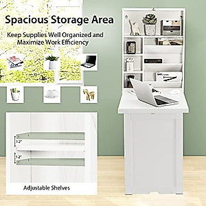 Tangkula Wall Mounted Desk, Fold Out Convertible Floating , Multi-Function Murphy Desk for Home Office, Space Saving Computer / Hanging Desk, Table with Storage Area