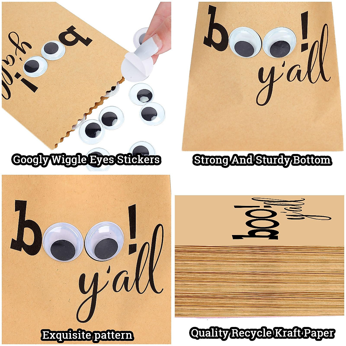 JarThenaAMCS 50Pcs Halloween Treat Bags with Self-Adhesive Wiggle Eyes Stickers Boo Y'all Candy Goodie Bags Kraft Paper Buffet Bags for DIY Crafts Party Supplies