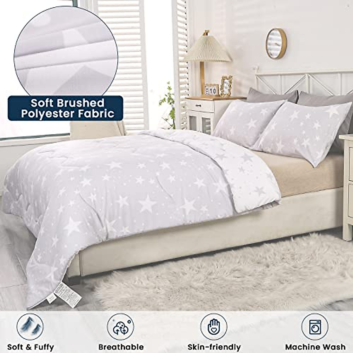 Qucover Star Comforter Set Full Size, 3-Piece Reversible Grey & White Star Pattern Bedding Comforter Set for Boys, Girls, Teen, Super Soft Warm Winter Thick Comforter with 2 Pillowcase, 79x90 in