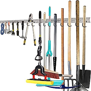 WALMANN All Metal 64 Inch Wall Mount Garden Tool Organizer for Garage, Mop and Broom Holder, Yard Tool Storage Rack for Rake, Shovel, Spade, Mop, Broom, Wall Mount Storage Organizer(4 Rails, 16 Hooks)