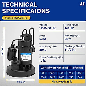 Acquaer 1/3HP Sump Pump, 3040GPH Submersible Clean/Dirty Water Pump with Automatic Float Switch and 10ft Power Cord Sub Pump for Basement, Pool, Pond, Drain, Flooded Cellar, Aquarium and Irrigation