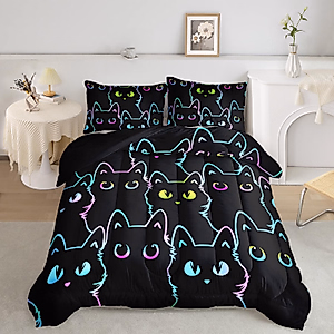 Axolotl Kids Bedding Cartoon Twin Size,Gradient Line Cute Cat Bedding Set for Teens Kids Boys Girls Adults Room Decor, All Season,1 Comforter 2 Pillow Cases,Black