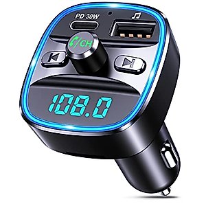 RIWUSI Bluetooth FM Transmitter for Car, [Upgraded Type-C] PD 30W Quick Charging Bluetooth Car Adapter with Hands-Free Calling, Wireless FM Radio Receiver Music Player/Car Kit Support SD Card & USB