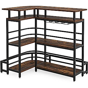 L-Shaped Home Bar Unit with 4 Glass Holders and Shelves Brown Industrial Rustic Triangle MDF Metal Wood Finish Foot Rest