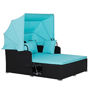 RELAX4LIFE Patio Outdoor Daybed with Canopy, Wicker Sunbed w/Cushions, 4 Pillows & 2 Retractable Side Trays, 2-Person Lounge Bed Conversation for Poolside Porch Garden, Rattan Outdoor Bed (Turquoise)