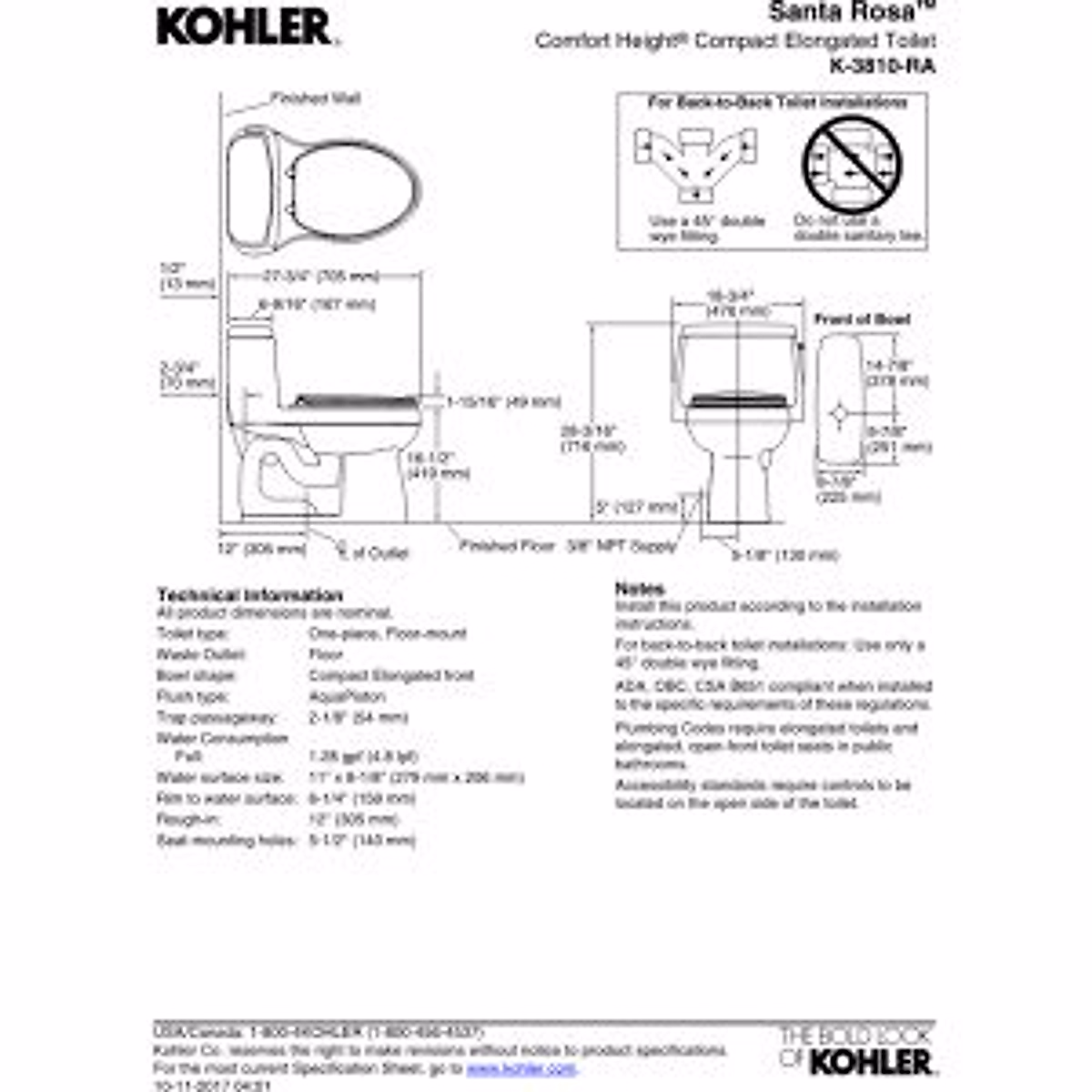 KOHLER 3810-RA-0 Santa Rosa One-Piece Compact Elongated Toilet, Comfort Height, Chair Height High-Efficiency Toilet, 1.28 GPF, White