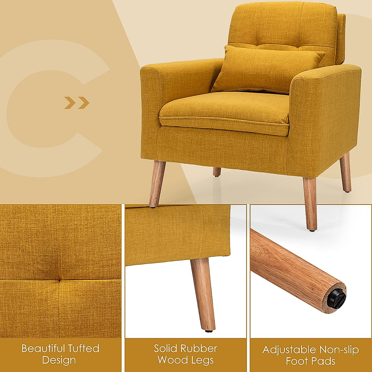 KOMFOTT Tufted Accent Armchair Set of 2, Modern Leisure Chair with Waist Pillow, Comfortable Backrest & Ergonomic Armrest, Breathable Fabric & Soft Sponge, Ideal for Living Room & Office, Yellow