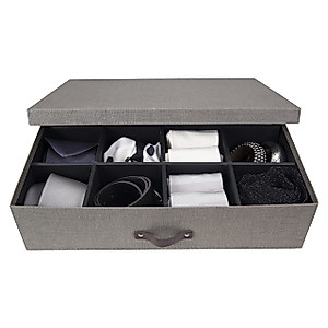 Bigso Box of Sweden Small Storage Box with 12 Compartments and Leather Handle - Fabric Storage Organiser for Shelves or Drawers - Drawer Organiser for Underwear, Socks, Jewellery, etc. - Grey