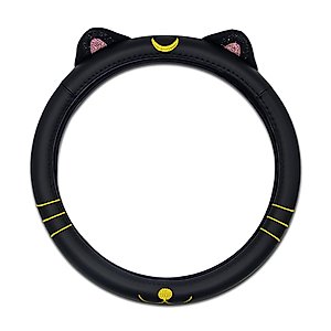 Car Leather Steering Wheel Cover with Cute Diamond Cat Ears,Bling Interior Accessories for Girls&Women'(14.5''-15'', Black)