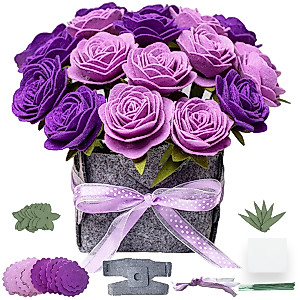 BAZIMA DIY Felt Flower Art Craft Kit, DIY Felt Purple Rose Pot Bonsai Kit, Floral Gifts,Beginner Craft Kit,Arrange Pre-Cut Felt Flowers and Foliage