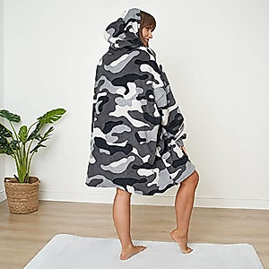 Dreamscene Camo Oversized Blanket Hoodie Wearable Sherpa Fleece Sweatshirt, Soft Plush Warm Comfy Blanket Hoodie, Giant Jacket for Men, Thick Flannel Blanket with Sleeves - Charcoal Grey