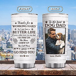 Leoniverse Personalized Dog Dad Tumbler with Photo Picture Stainless Steel Tumblers Coffee Travel Mug Cup 20oz 30oz With Lid Birthday Christmas Fathers Day Custom Gifts For Dogs Lovers