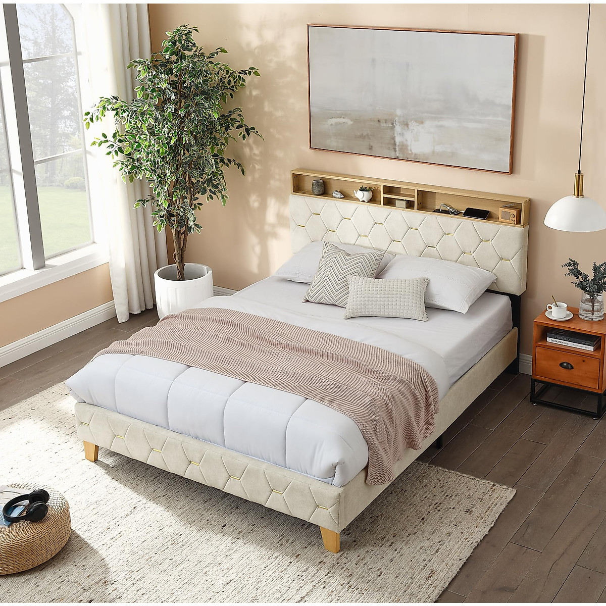 QKFF Queen Size Bed Frame with Upholstered Headboard, Wood Platform Bed Frame with Outlet & USB Ports Headboard, Wood Legs, No Box Spring Needed, Easy Assembly (Beige, Queen)