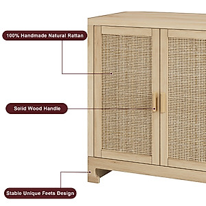 Rattan Accent Storage Cabinet with 4 Doors and Shelf - Modern Console Coffee Bar Cabinet for Dining Room, Kitchen, Living Room, Entryway Home Decor