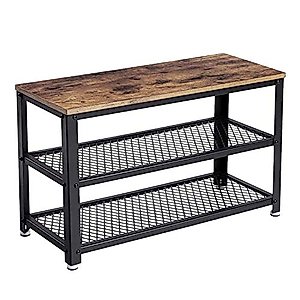Benjara Vintage Wood and Metal Shoe Rack with 2 Mesh Shelves, Black and Brown