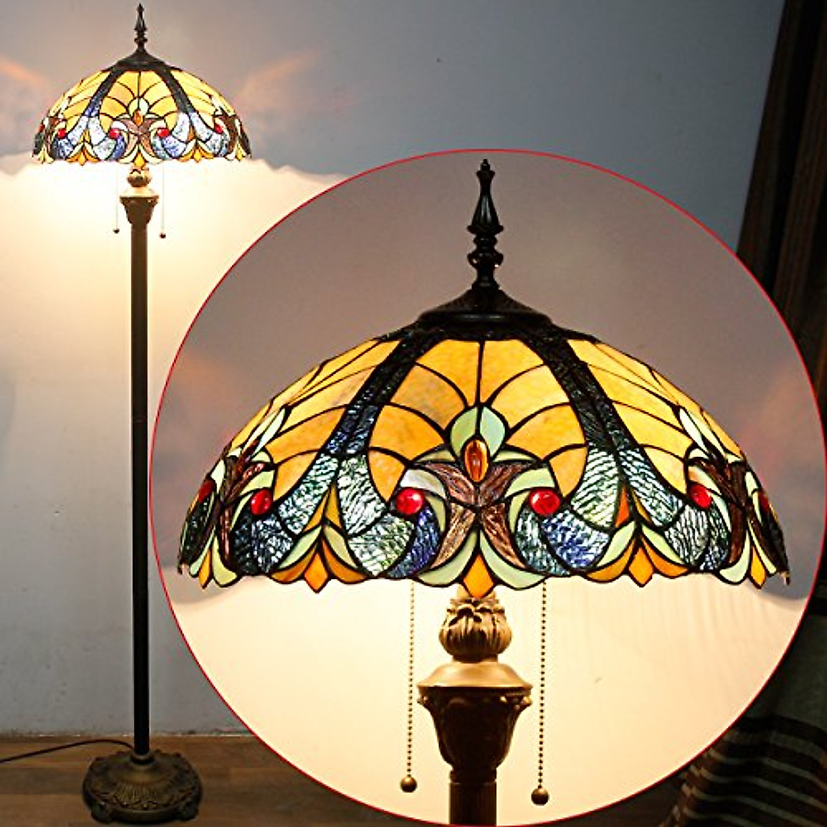 WERFACTORY Tiffany Floor Lamp Blue Yellow Liaison Stained Glass Standing Reading Light 16X16X64 Inches Antique Pole Corner Lamp Decor Bedroom Living Room Home Office S160E Series