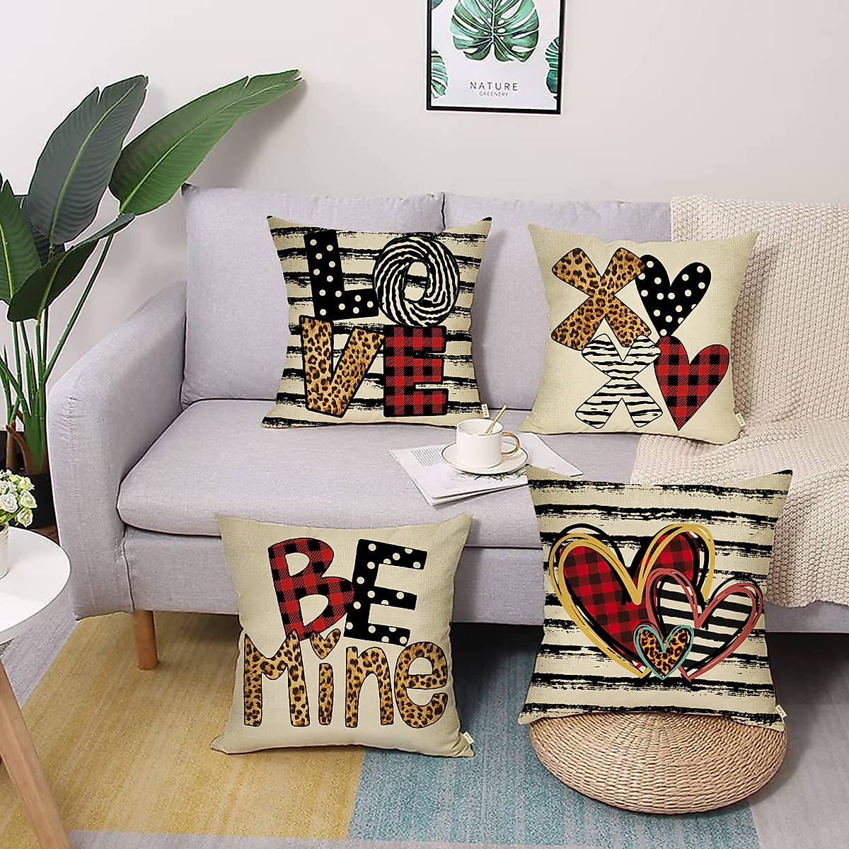 Fjfz Valentine's Day Decorative Throw Pillow Cover 18x18 Set of 4, Be Mine Love Leopard Red Buffalo Plaid Check Black Polka Dot Striped Anniversary Wedding Home Decor Farmhouse Cushion Case for Couch