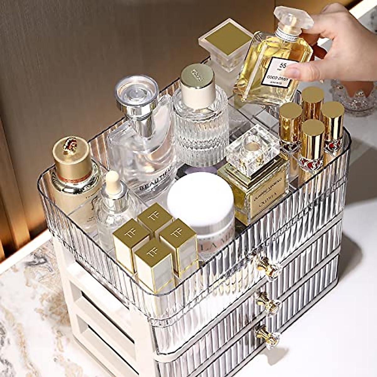 KchThass Acrylic Makeup Organizer with 3 Drawers,Cosmetic Display Cases for Vanity,Skincare Organizers Countertop,Desk Storage Holder for Perfume,Lotion,Lipstick,Brushe,Nail Polish(4-Layer,Clear)