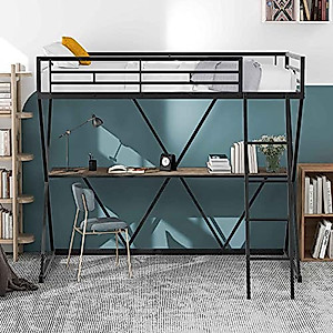 ATY Metal Loft Bed with Wood Desk and Ladder, X-Shaped Twin Size Bedframe w/Full-Length Guardrails, for Kids Teens Adults, Bedroom Furniture, Black