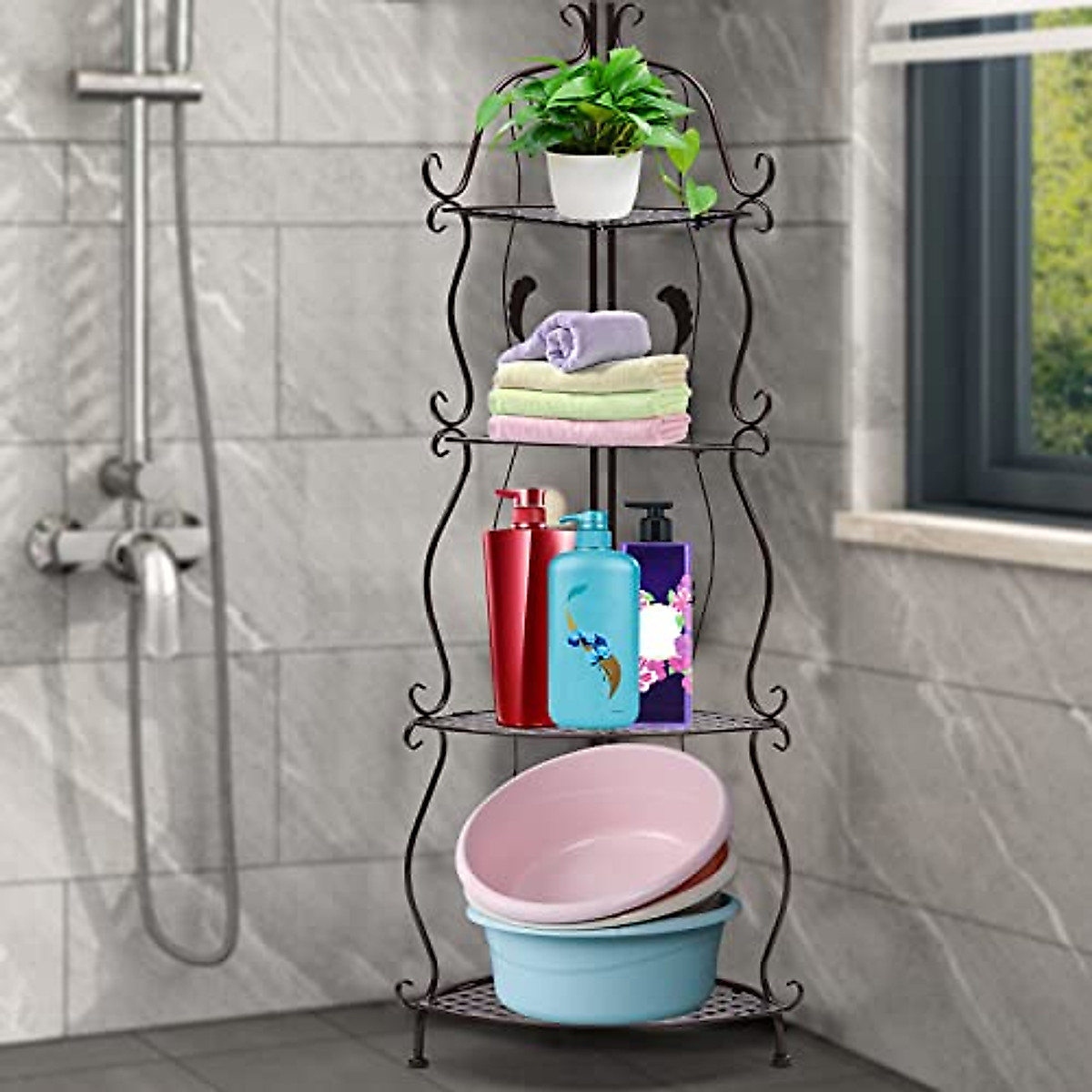 HYYKJ-US 4 Tier Corner Shelf Plant Stand European Retro Multipurpose Metal Shelving Unit Foldable Iron Rack Storage Shelf Home Organizer Decor for Living Room, Office, Kitchen, Bathroom(Bronze)