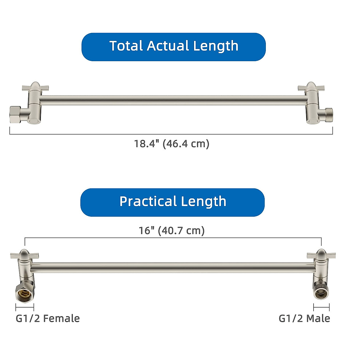 16 Inch Solid Brass Adjustable Shower Head Extension Arm, Extra Long Shower Extension Arm with Lock Joints, Flexible Height & Angle Shower Arm Extender Universal Connection, Brushed Nickel