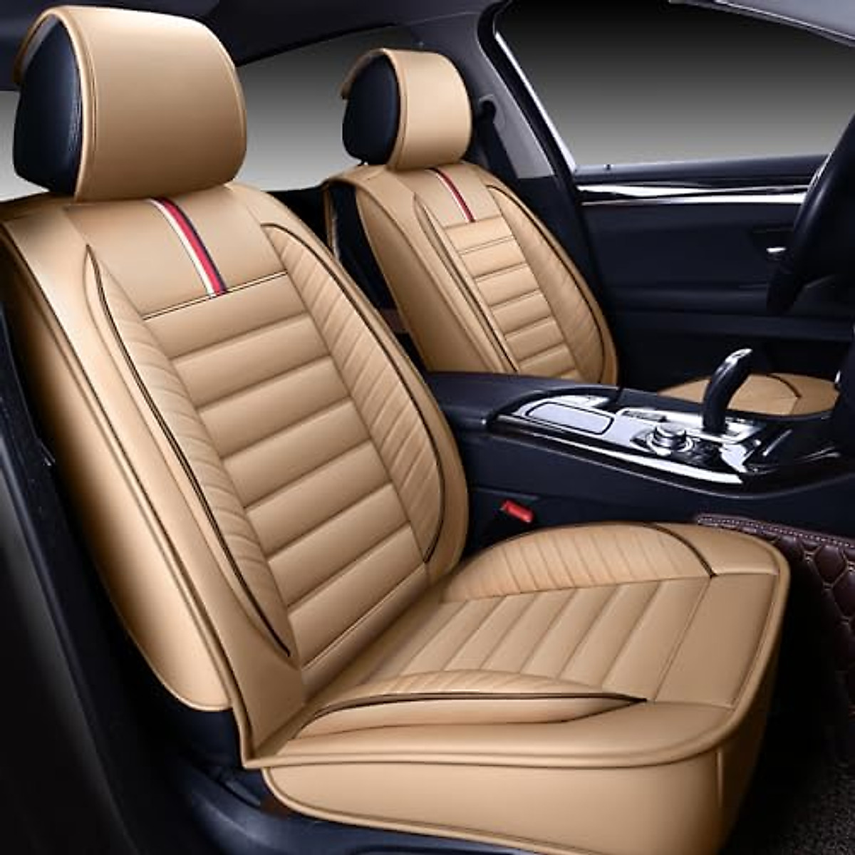 OASIS AUTO Car Seat Covers Premium Waterproof Faux Leather Cushion Universal Accessories Fit SUV Truck Sedan Automotive Vehicle Auto Interior Protector Front Pair (OS-001 Tan)