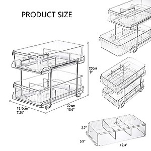 TW SHINE 2 Tier Storage Organizer with Dividers, Clear Under Sink Organizers and Pull Out Cabinet Organizer for Bathroom Kitchen Pantry Storage, Medicine Cabinet Organizer, 2 Pack