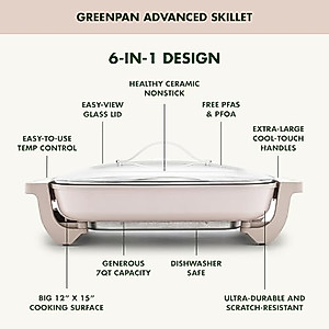 GreenPan Advanced 12” X 15” Electric Skillet with Lid, 7QT Capacity for Family Meals, Healthy Ceramic Nonstick PFAS-Free Coating, Fry, Sauté, Steam, Simmer, Sear, Stir Fry, Dishwasher Safe, Clay