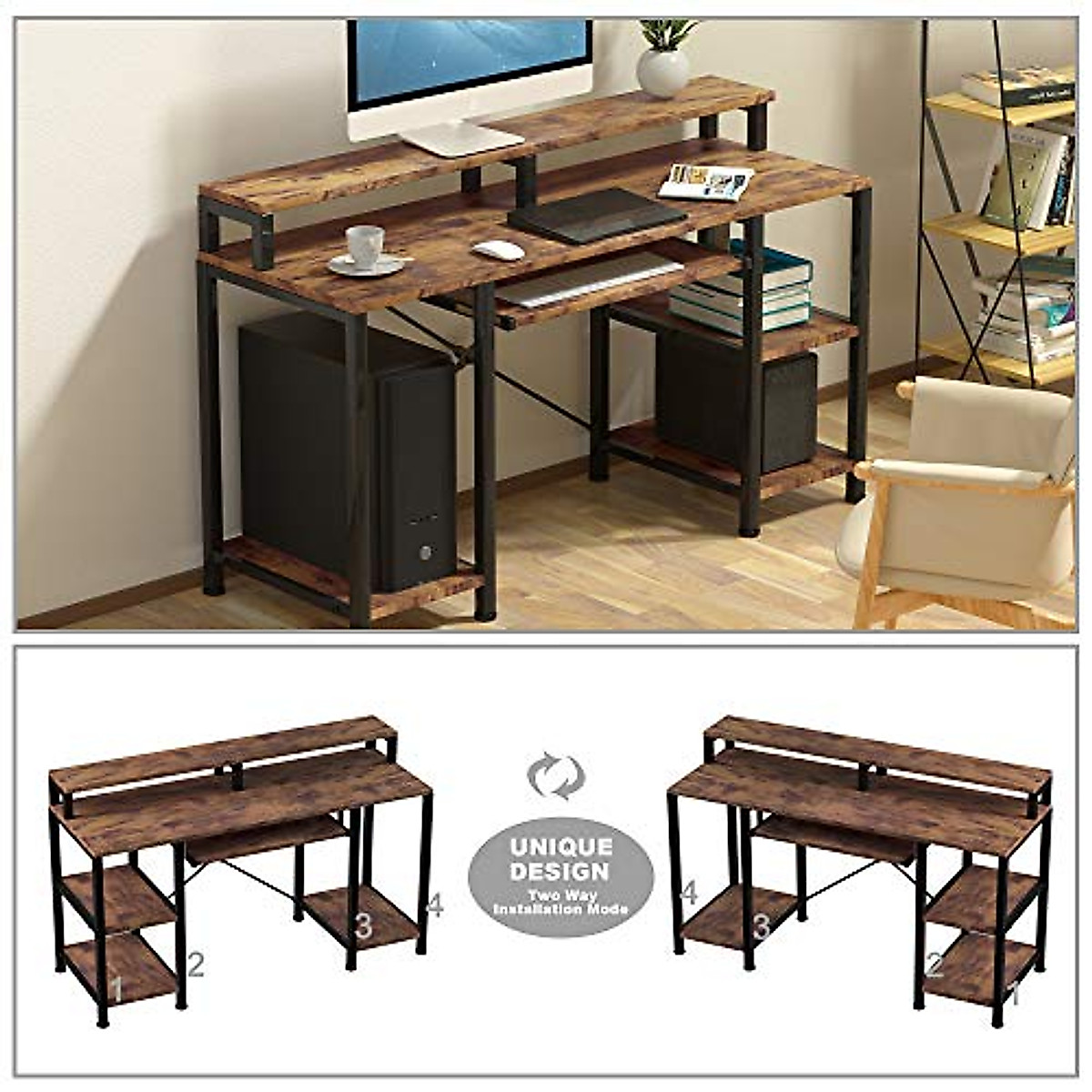 TechLand Industrial Computer Desk with Storage Shelves/Keyboard Tray/Monitor Stand, Modern Study Writing Table Workstation for Home Office