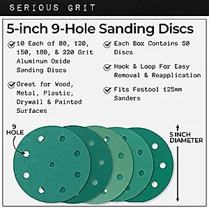 Serious Grit - 5-Inch 9-Hole Sanding Discs Assortment - 80, 120, 150, 180, 220 Grit (10 of Each) - Heavy-Duty Hook & Loop Film Discs - Sandpaper for Random Orbital Sanders - 50 Pack Box