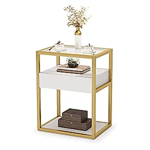 LITTLE TREE Modern Gold White Nightstand with Drawer and Storage Shelf, Bedside Chair Side End Table for Bedroom, Living Room