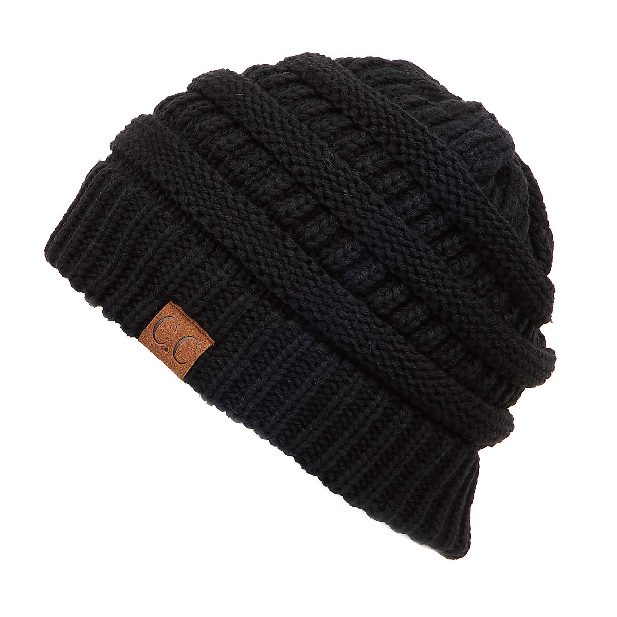 C.C Thick Slouchy Knit Unisex Beanie Cap Hat,One Size,Black