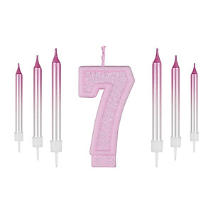 ZHIHUI 7pcs Number Birthday Candles, Pink Number 7 Cake Topper, 7th Birthday Candles, Pink and Cute Shiny Number Happy Birthday Cake Candles for Birthday Party Wedding Anniversary Celebration Supplies