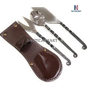 NauticalMart Medieval Feasting Set 3 Pieces Cutlery Knife, Fork, Spoon with leather Case