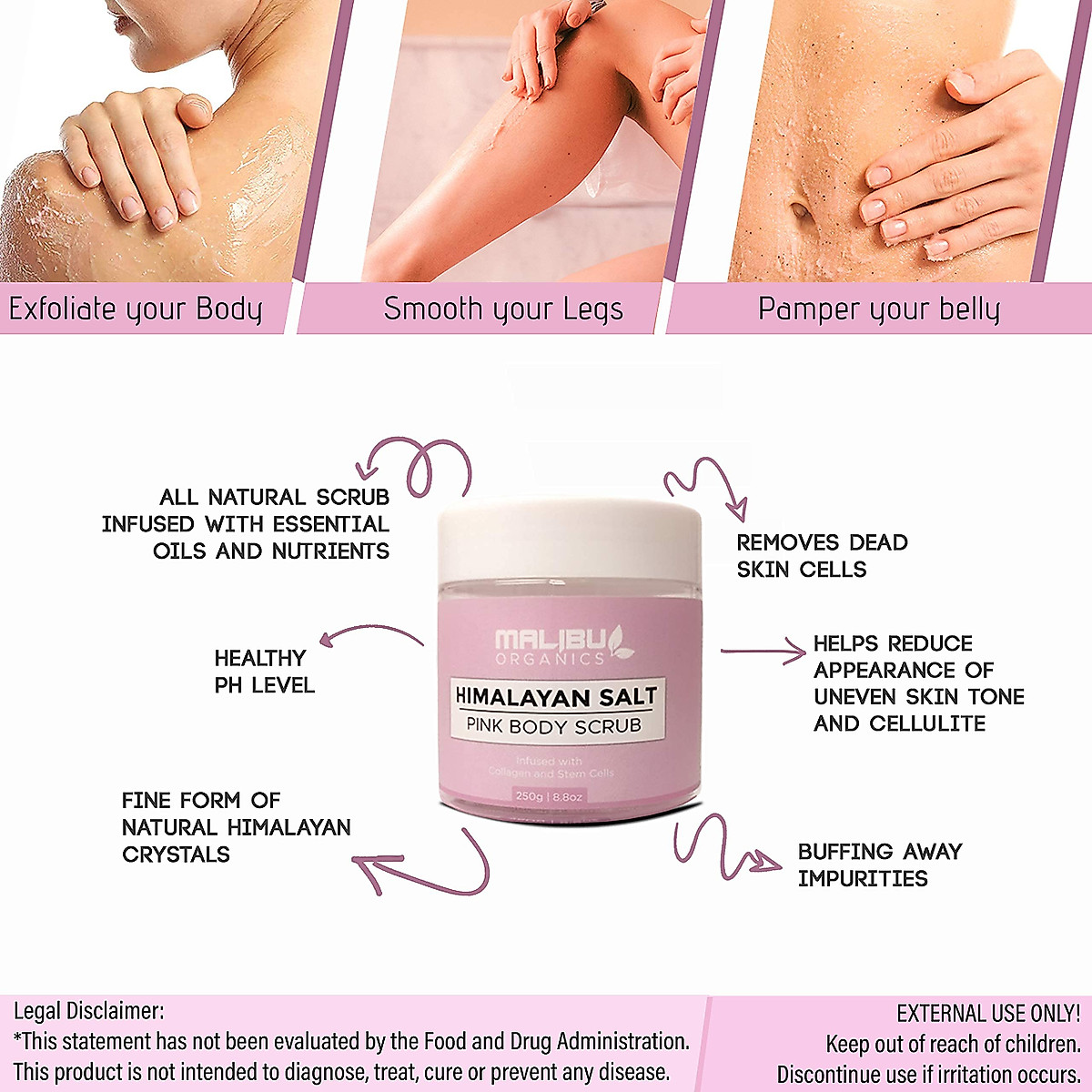 Malibu Organics Himalayan Scrub – All-Natural Body Exfoliant with Collagen and Stem Cells - Organic Body Scrub to Exfoliate and Moisturize Skin – Deep Cleansing Himalayan Pink Salt Scrub – 8.8oz