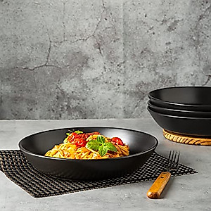 AmorArc 9.5'' Stoneware Pasta Bowls, 38oz Large Wide Salad Serving Bowls Set of 4 for Pasta Salad Snacks Bread Meal, Microwave Safe Flat bowls for Kitchen, Matte Black