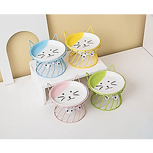 Raised Cat Food Bowl ,Elevated Cat Feeder Bowl Stand, Food & Water Cat Bowl, Shallow Ceramic Cat Dish, Whisker Friendly No Spill Water Bowl for Cats