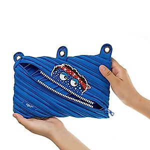 ZIPIT Talking Monstar 3-Ring Binder Pencil Pouch, Large Capacity Pen Case for Kids, Made of One Long Zipper! (Blue)