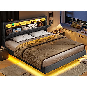 BTHFST Queen Floating Bed Frame with RGB LED Lights Headboard, USB-C/A Power Combo, Linen Upholstered Platform Bed with Storage Headboard, Innovative Stable Structure, Dark Gray