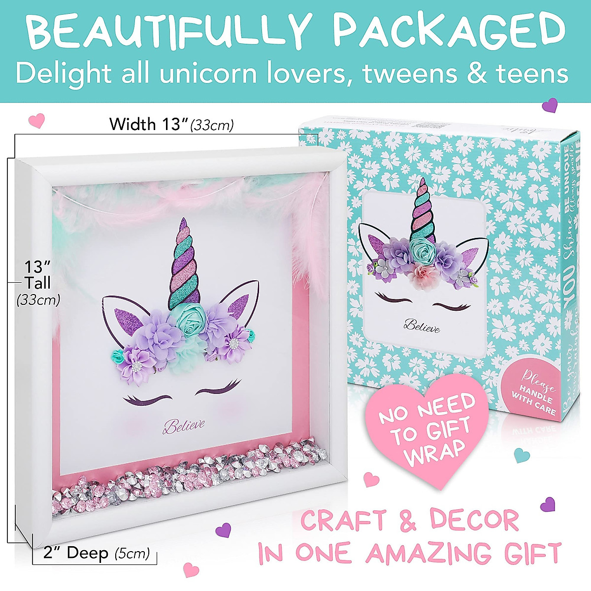 Amitié Lane DIY Unicorn Picture Craft Kit - Gifts for Girls - Create Your Own Wall Art Bedroom Decor with This Arts & Crafts Kit for Kids - Girls Toys and Birthday Gifts with Unicorns