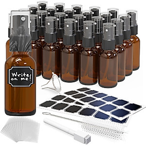 Nevlers 24PK Amber 1oz Spray Bottles | Glass Spray Bottles Set w/Shrink Wrap, Funnel, Brush & Labels | Small Spray Bottle For Use as Mister Spray Bottle, Travel Spray Bottle & Hair Spray Bottle