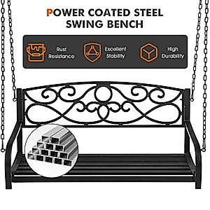 Tangkula 2 Person Hanging Porch Swing, Patio Swing Bench with Chains, Backrest & Armrests, Classic Outdoor Metal Swing Chair for Garden, Deck, Backyard (Black)