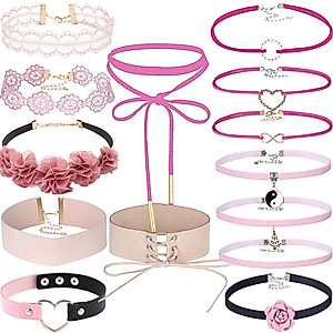 Tpocean 14 PCS Mothers Day Necklace Adjustable Lace Velvet Choker Pink Necklace Set with Charms Pendant Flower Blet Leather Choker Set for Women Girls