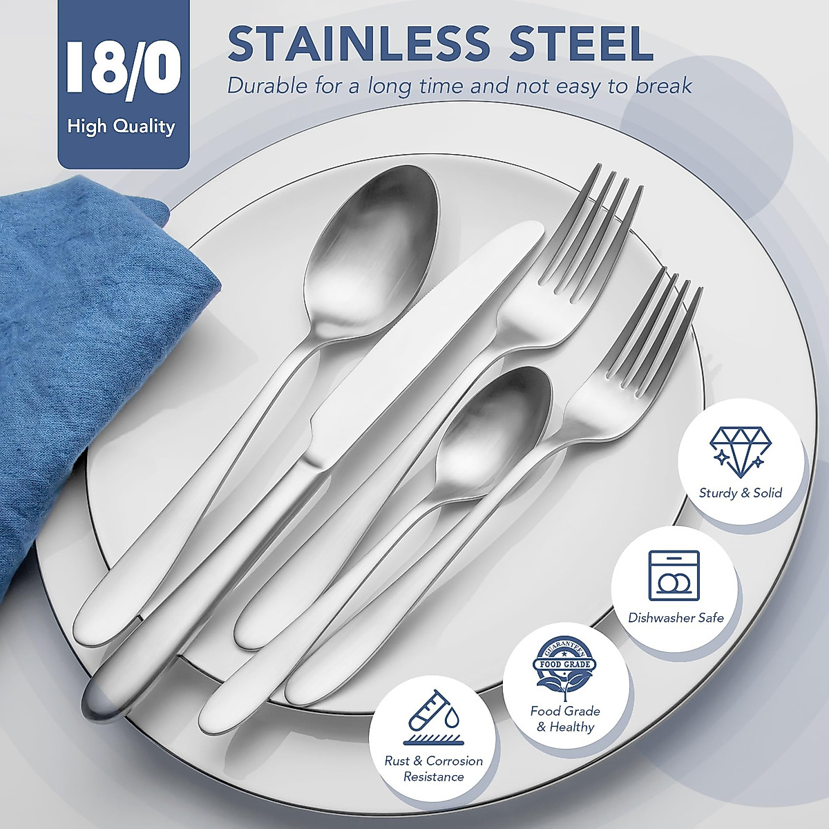 40 Piece Matte Silverware Set for 8, EIUBUIE Premium Stainless Steel Flatware Set, Matte Finish Cutlery Durable Solid, Modern Kitchen Tableware Eating Utensil Sets Includes Spoons Forks Knives