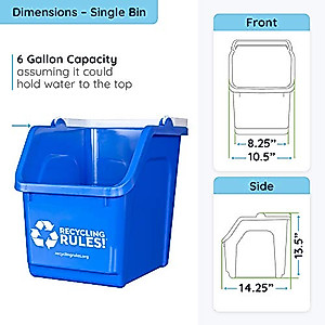 Recycling Rules 6 Gallon Stackable Recycling Bin Container in Blue, Eco-Friendly BPA-Free Handy Recycler with Handle, 4-Pack