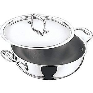 Vinod Induction Friendly Platinum (TRI PLY) 18/8 Stainless Steel Extra Deep Kadai with Stainless Steel Lid (18cm, 1.1 Litre)