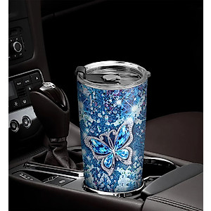 20oz Printed Blue Jewelry Crystal Butterfly Tumbler, Gifts for Butterfly Lovers, Coffee Thermos for Women, Stainless Steel Double Wall Vacuum Insulated Coffee Mug, Travel Cup with Lid