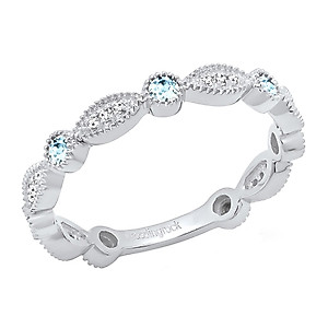 Dazzlingrock Collection Alternating Round Aquamarine & White Diamond 7 Stone Stackable Wedding Band Ring for Women in 14K White Gold, Size 8.5