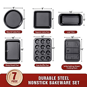 KITESSENSU Baking Pans Sets, Nonstick Bakeware Set 7-Piece with Round/Square Cake Pan, Loaf Pan, Muffin Pan, Cookie Sheet, Roast Pan, Cooling Rack, Carbon Steel Bake Set